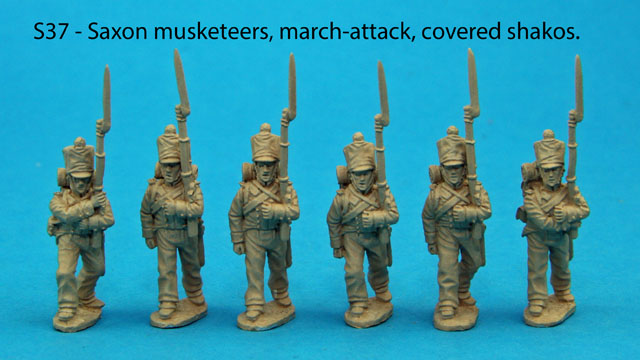 S37 - Six Saxon musketeers in march attack poses. Covered shakos.